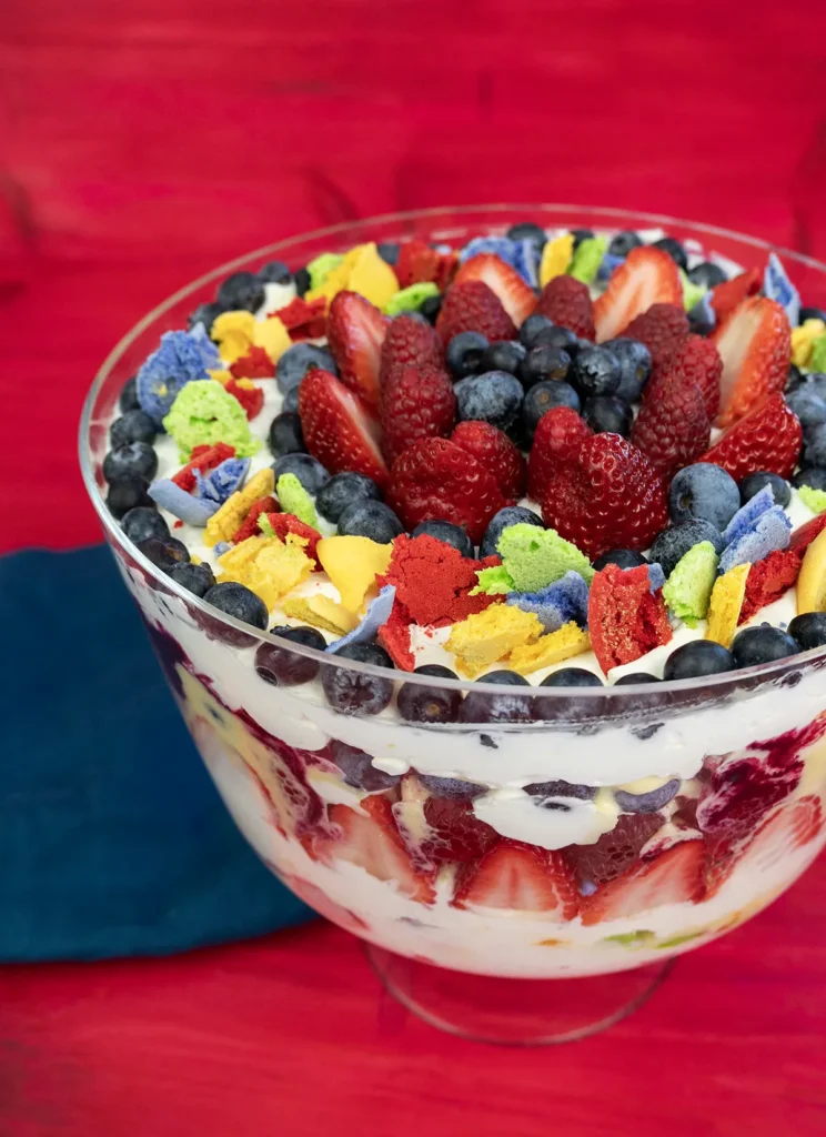 Fresh Fruit Trifle with Macaron Crumbles (Rich and Creamy!) - Lowbrow Fancy